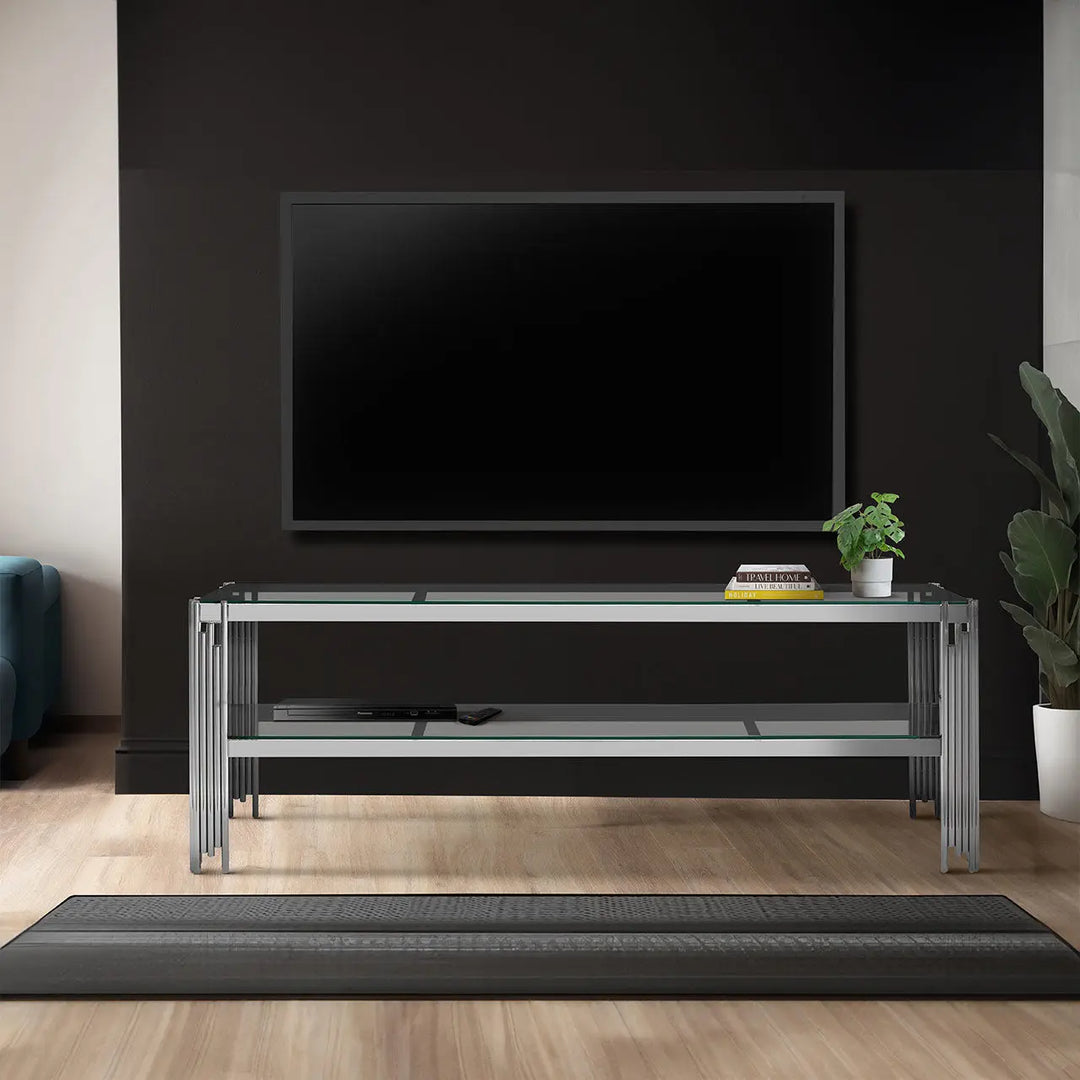 Lina Home Cohen Chrome Steel Tubes Entertainment Unit with Clear Glass Shelves NJ Home Interiors
